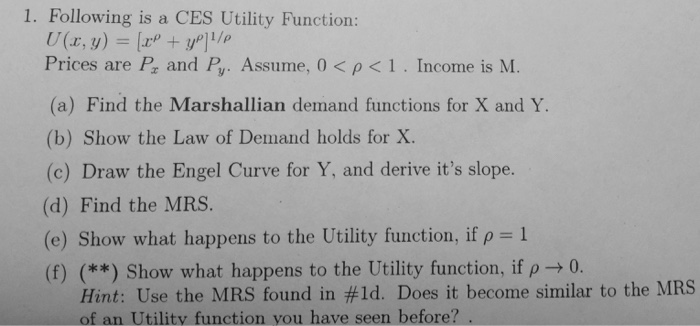 Solved Following Is A Ces Utility Function U X Y