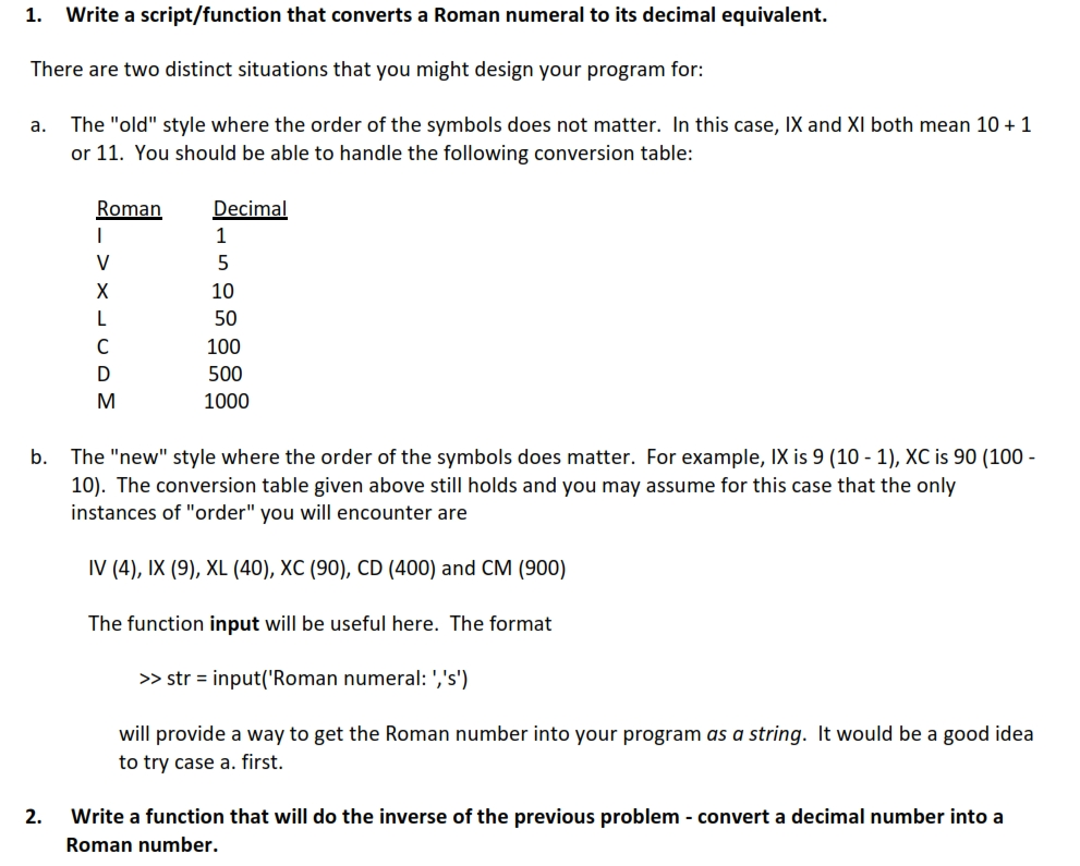 Write a script/function that converts a Roman numeral | Chegg.com