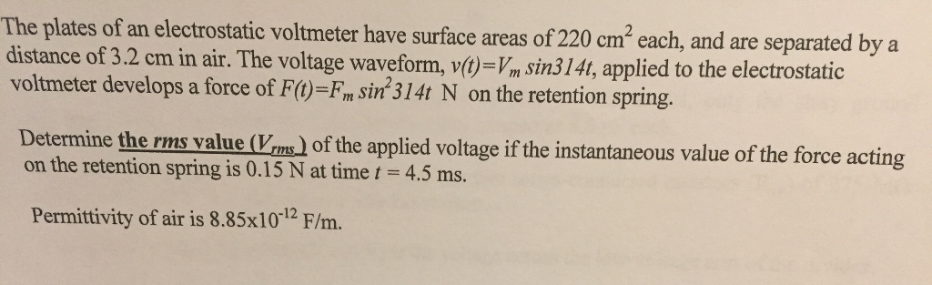 Solved The plates of an electrostatic voltmeter have surface | Chegg.com
