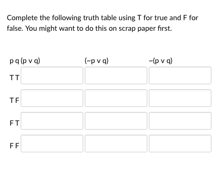 Complete the following truth table using T for true | Chegg.com