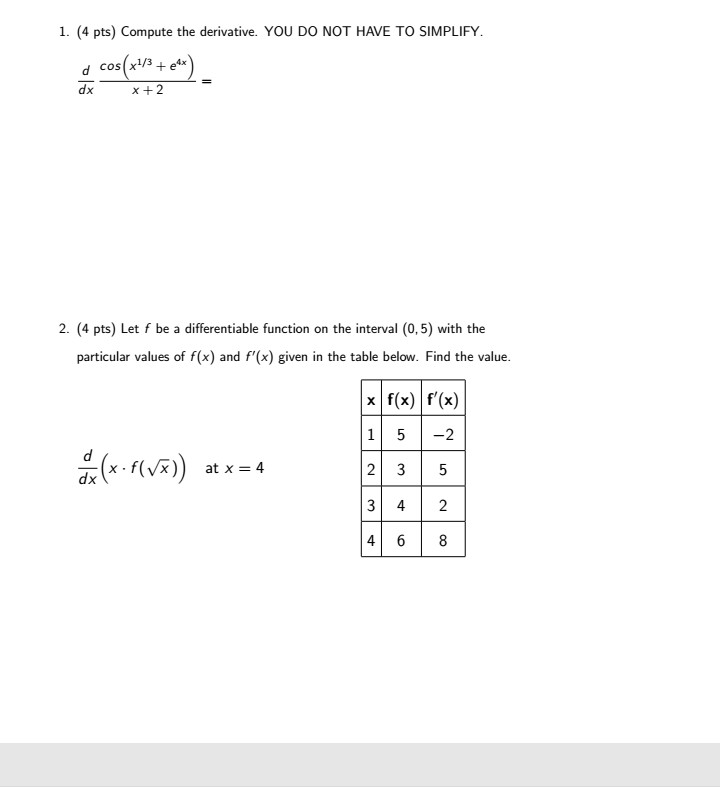 Solved 1. (4 pts) Compute the derivative. YOU DO NOT HAVE TO | Chegg.com