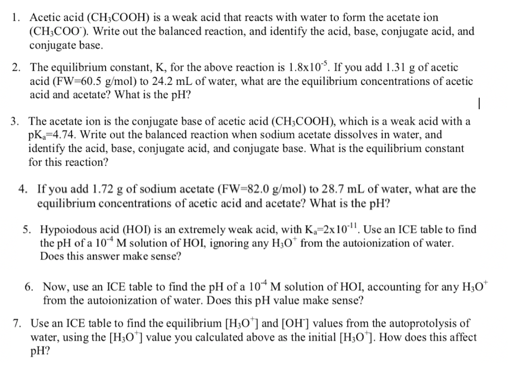 Solved 1. Acetic acid (CH3COOH) is a weak acid that reacts | Chegg.com