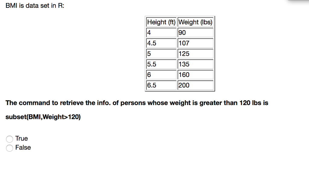 Solved BMI is data set in R: Height (ft) Weight (Ibs) 4 4.5 | Chegg.com