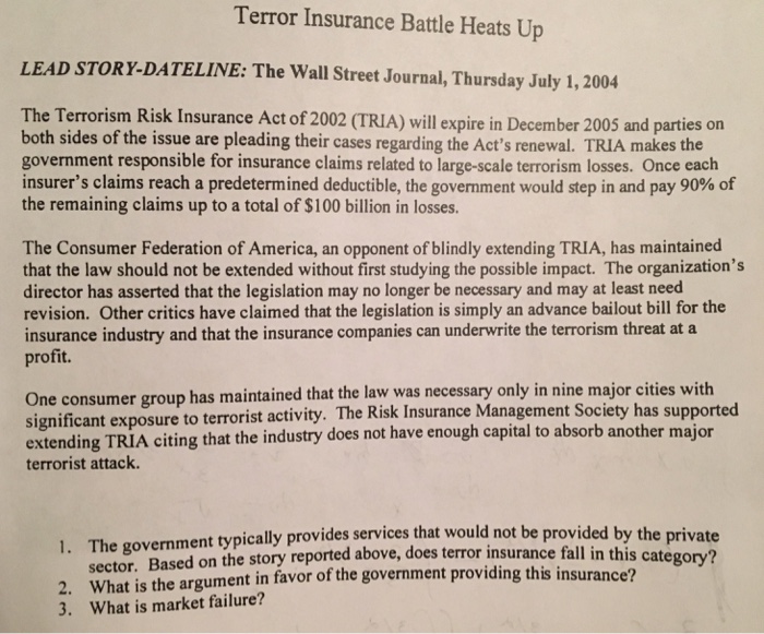 Solved The Terrorism Risk Insurance Act of 2002 (TRIA) will | Chegg.com