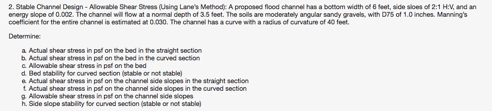 2. Stable Channel Design - Allowable Shear Stress | Chegg.com