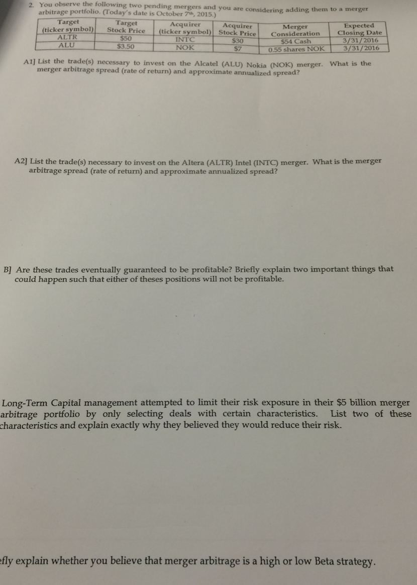 Solved You observe the following two pending mergers and you | Chegg.com