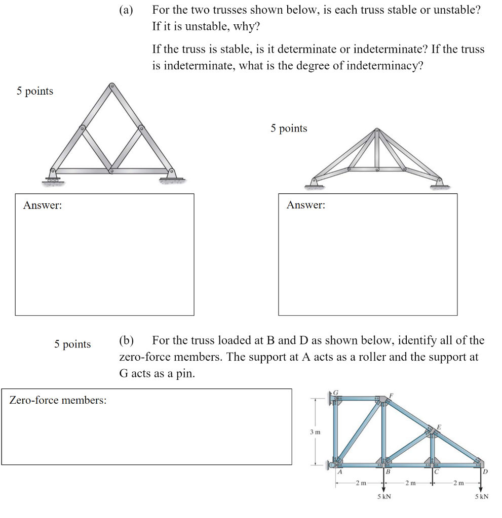 Solved For the two trusses shown below, is each truss stable | Chegg.com