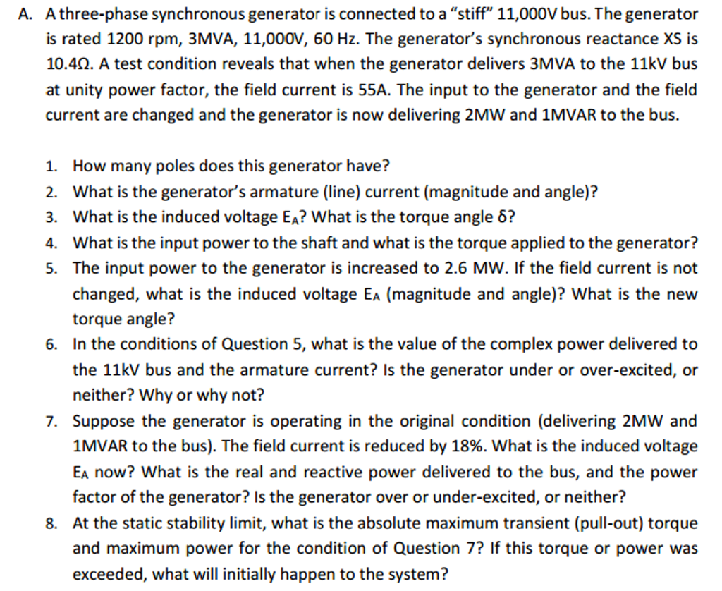 Solved A. A three-phase synchronous generator is connected | Chegg.com