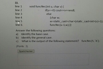 Solved line 1 void func Rec (int u, char v) line 2 if(u 0) | Chegg.com