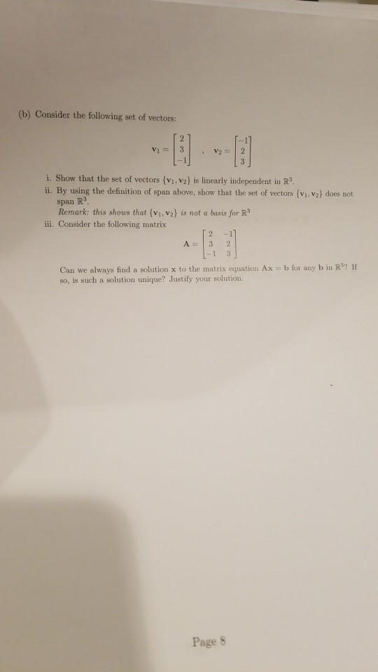 Solved (b) Consider the following set of vectors: i. Show | Chegg.com