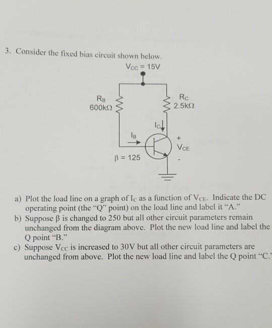 Solved 3. Consider the fixed bias circuit shown below. Vcc= | Chegg.com