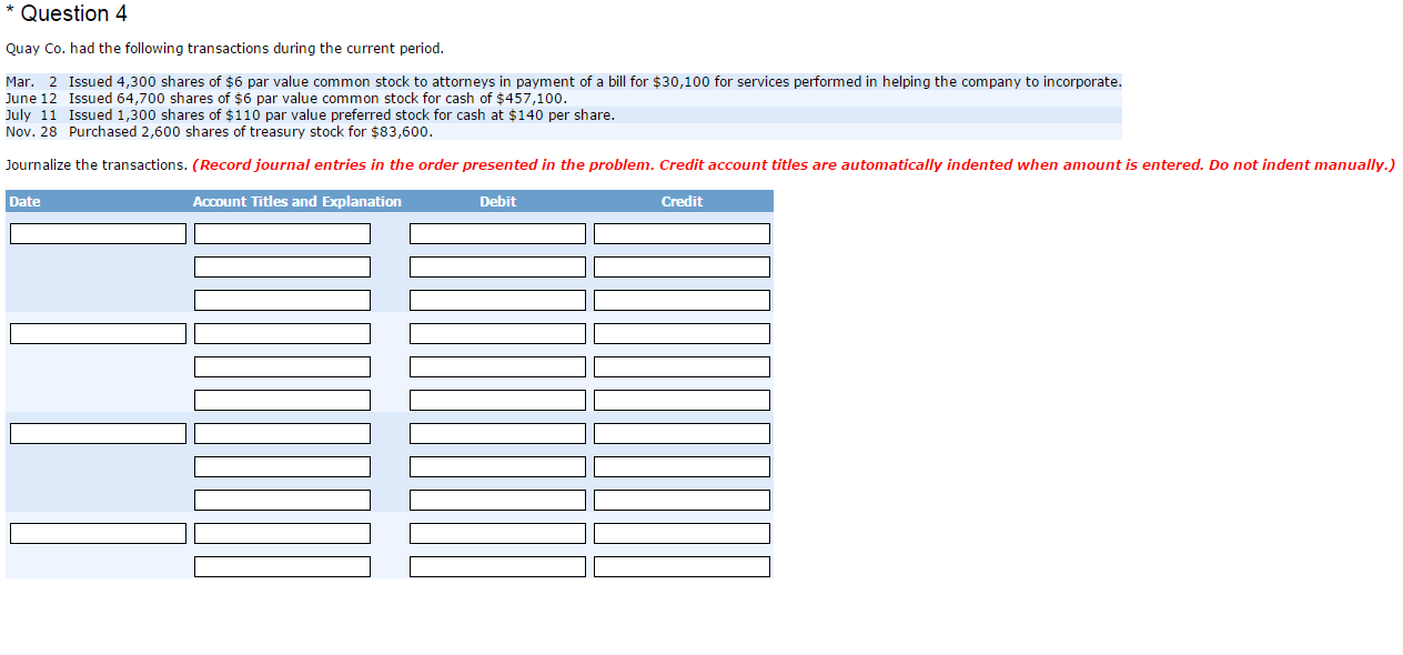 Solved Quay Co. had the following transactions during the | Chegg.com