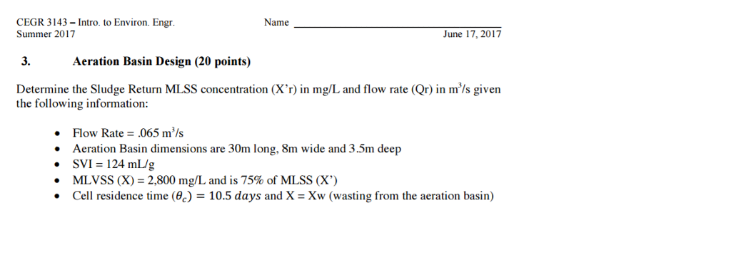 Solved Determine the Sludge Return MLSS concentration (X'r) | Chegg.com