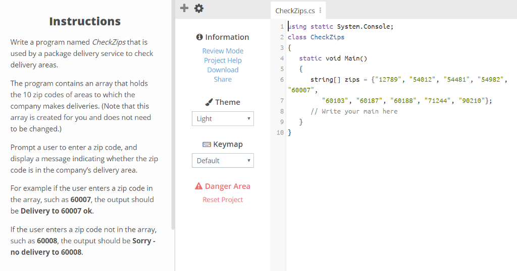 Solved CheckZips.cs Instructions sing static System.Console | Chegg.com