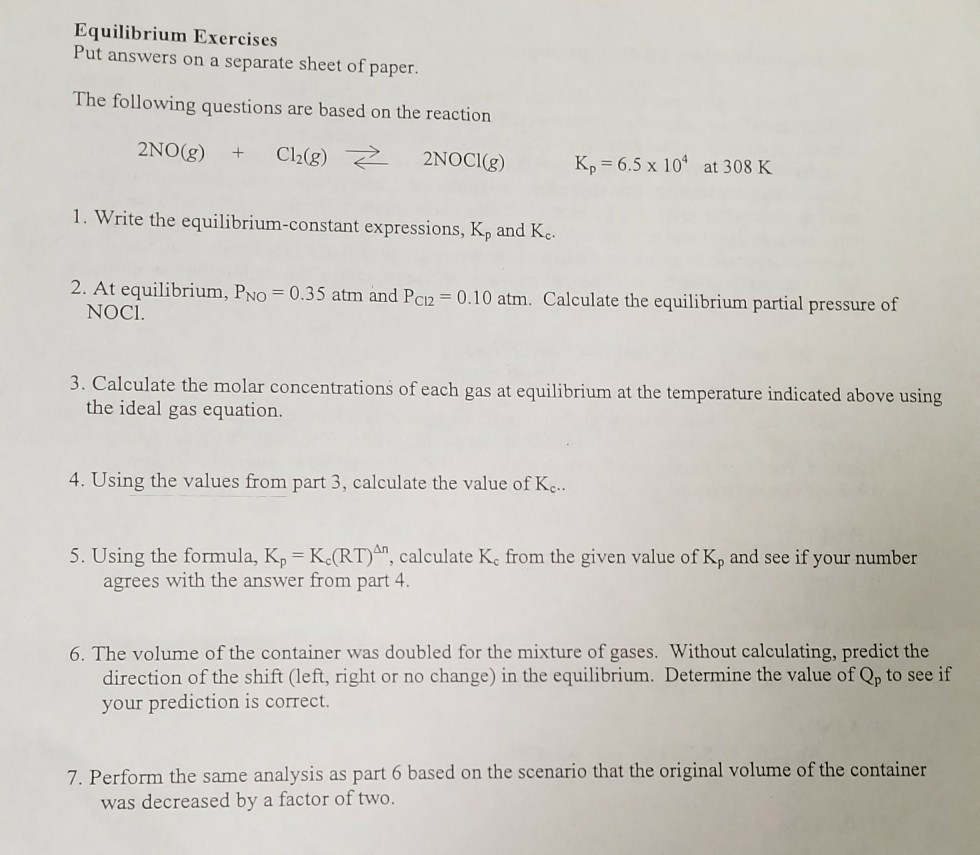 Solved Equilibrium Exercises Put answers on a separate sheet | Chegg.com