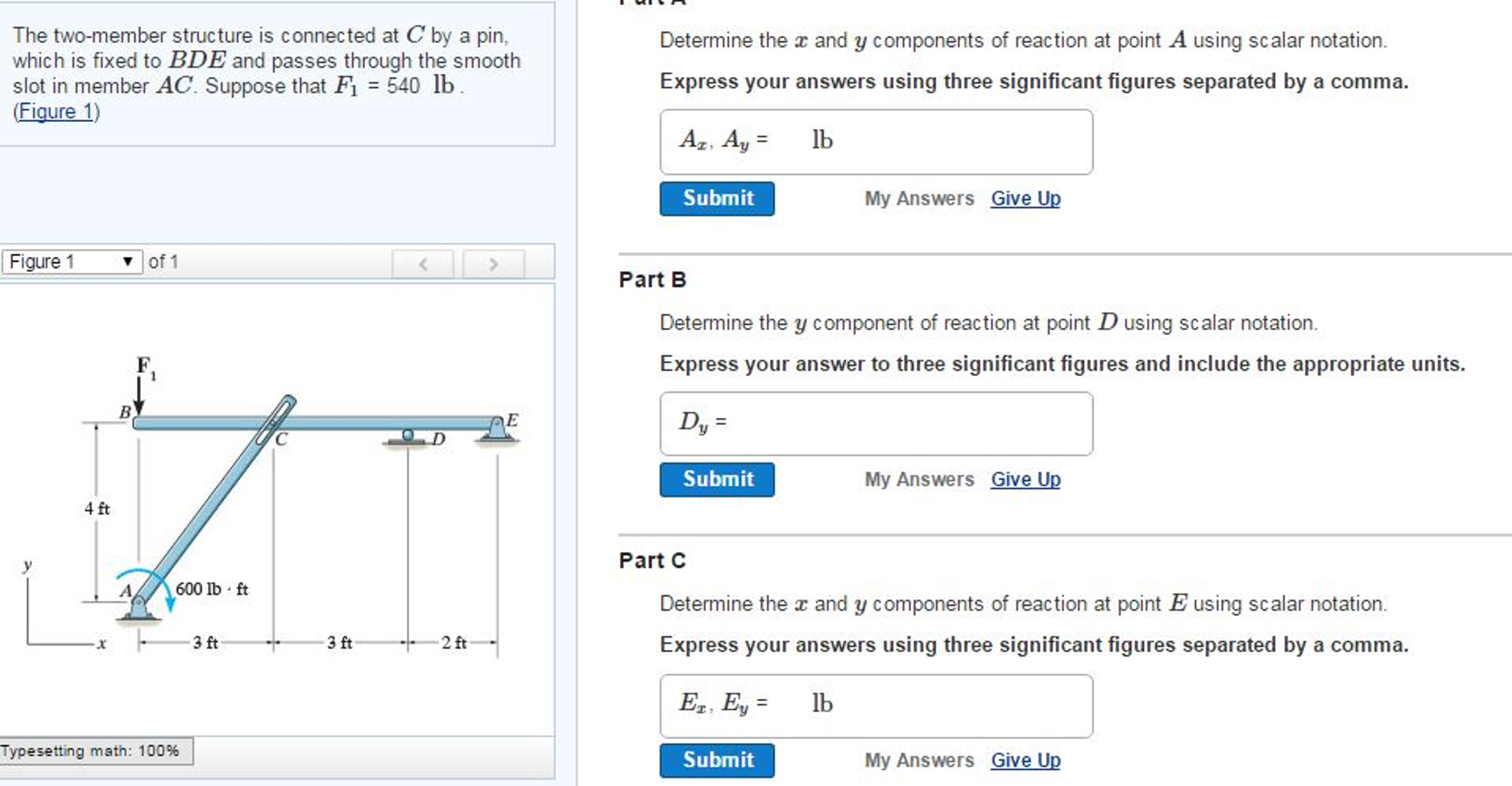 Solved The two-member structure is connected at C by a pin. | Chegg.com