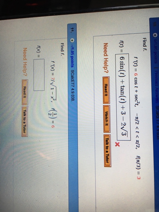 Solved Find f. f'(t) = 6 cos t + sec^2t, -pi/2