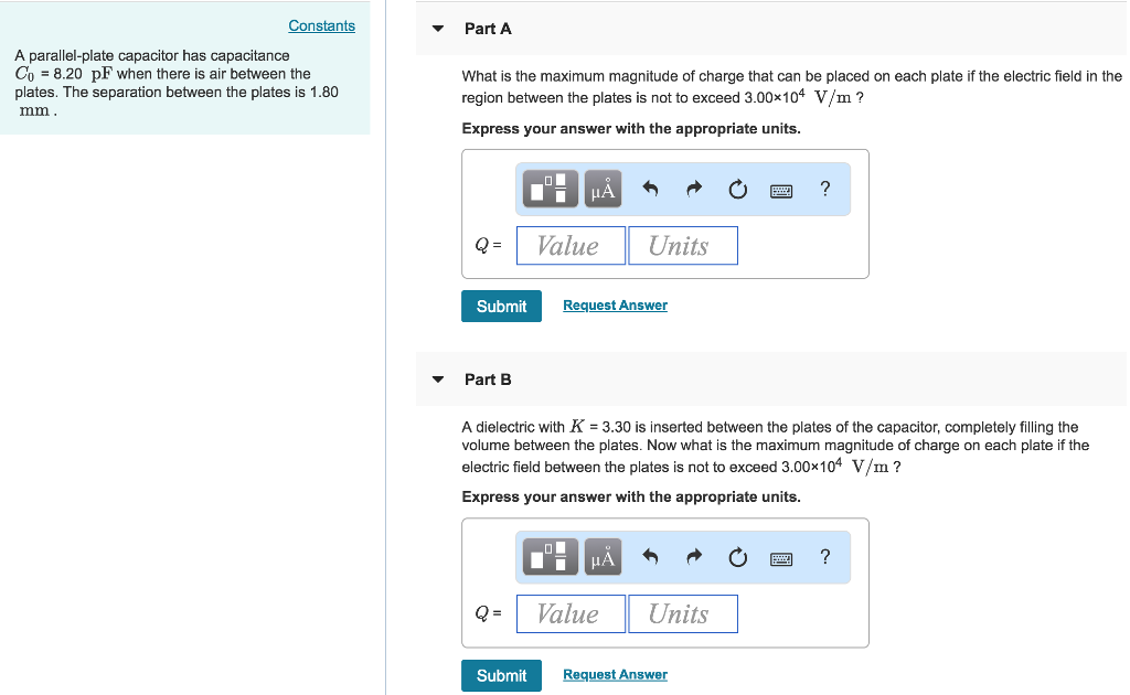 Solved nstants Part A A parallel-plate capacitor has | Chegg.com