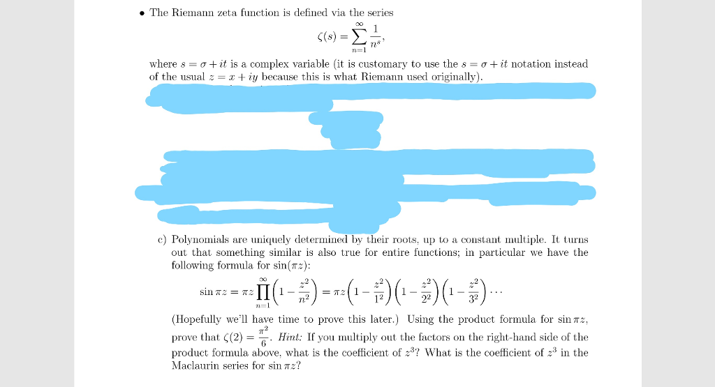 Solved .The Riemann zeta function is defined via the series | Chegg.com