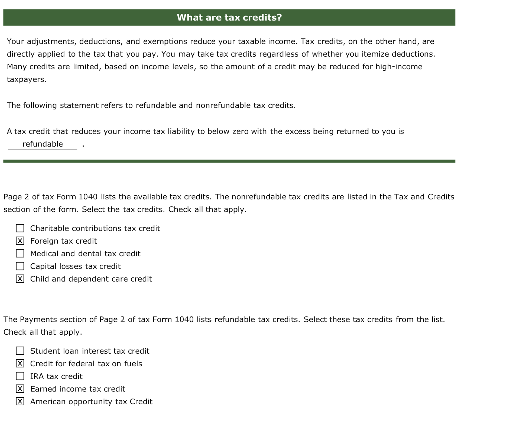 Solved What are tax credits? Your adjustments, deductions, | Chegg.com