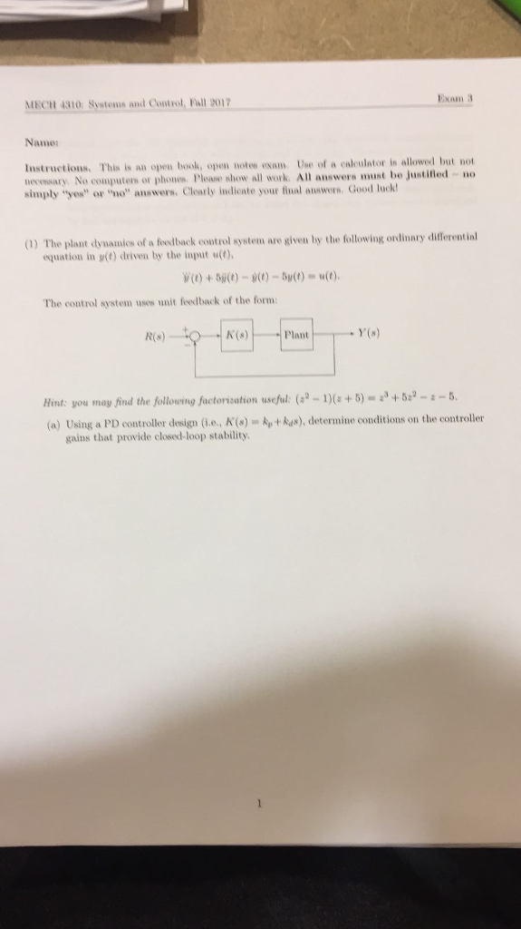 Solved Eixam MECH 4310 Systoms and Control, Full 9017 Name | Chegg.com