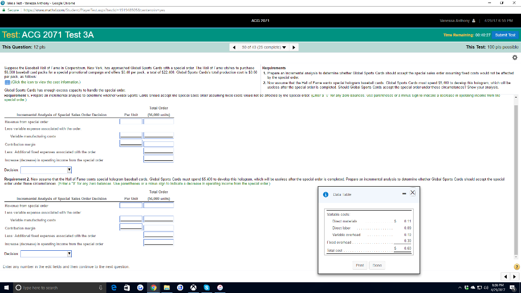 Solved Anthony Anthony Test ACG 2071 Test 3A TIme Remaining: | Chegg.com
