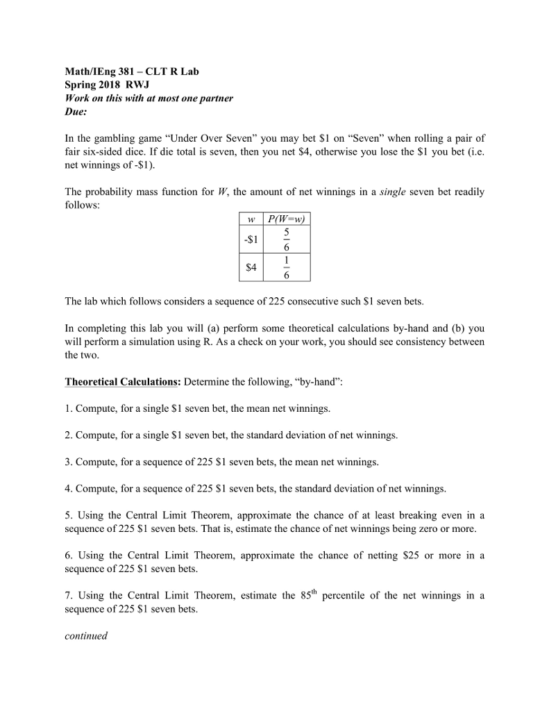 Solved Math/IEng 381 - CLT R Lab Spring 2018 RWJ Work on | Chegg.com