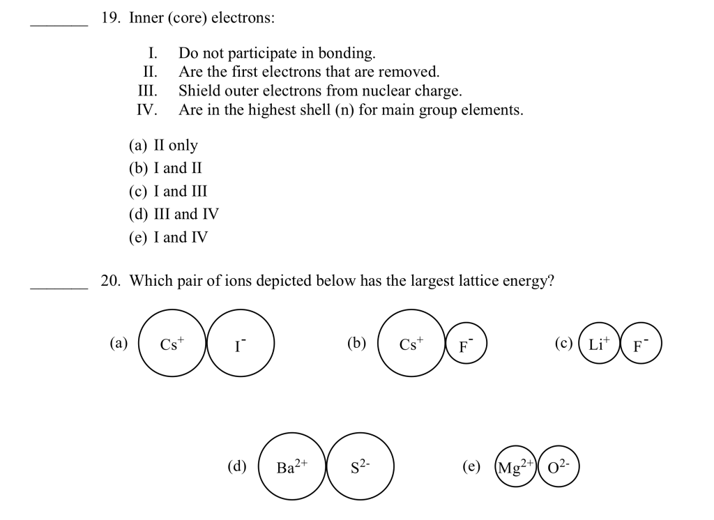 Solved 19. Inner (core) electrons: I Do not participate in | Chegg.com