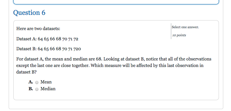 Solved Here are two datasets: Dataset A: 64 65 66 68 70 71 | Chegg.com