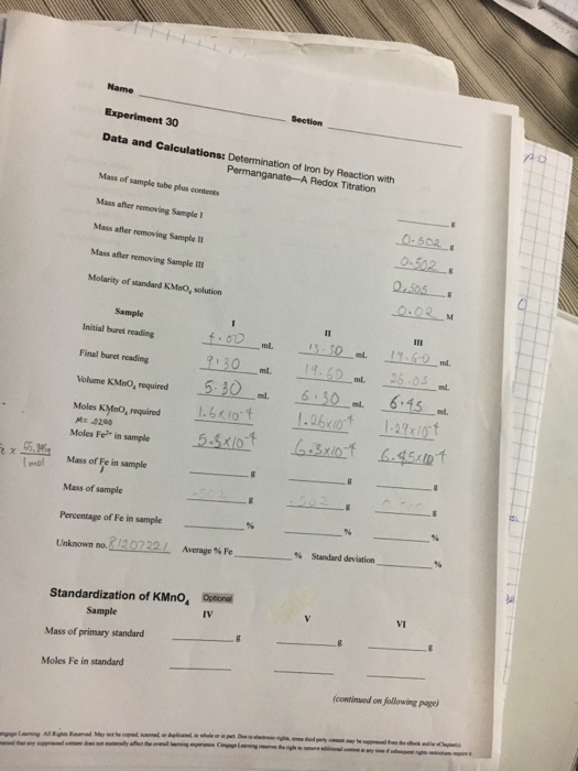 Solved Section Experiment 30 Data and Calculations: | Chegg.com