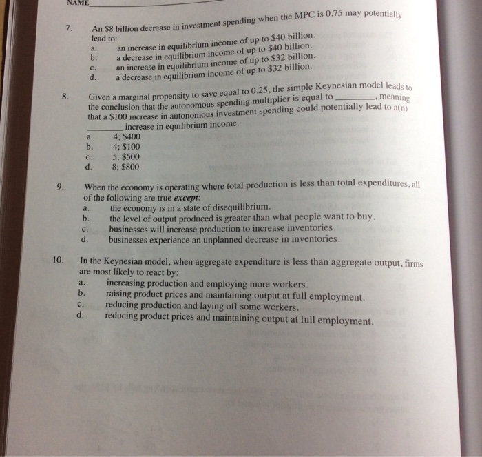 Solved An $8 billion decrease in investment spending when | Chegg.com