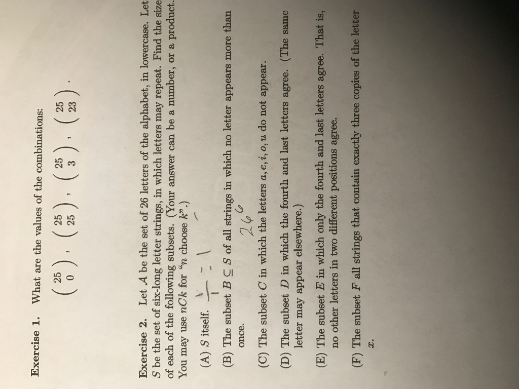 Solved What are the values of the combinations: (25 0), | Chegg.com