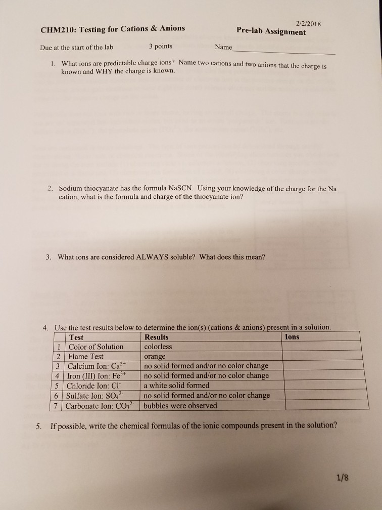 Solved 2/2/2018 CHM210: Testing for Cations & Anions Pre-lab | Chegg.com