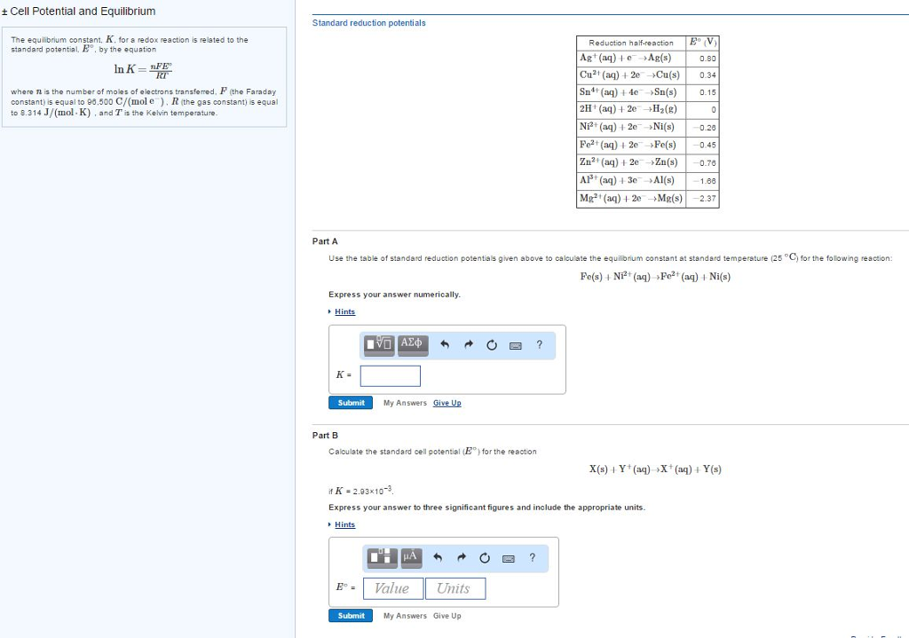 Solved Cell Potential and Equilibrium Standard reduction | Chegg.com