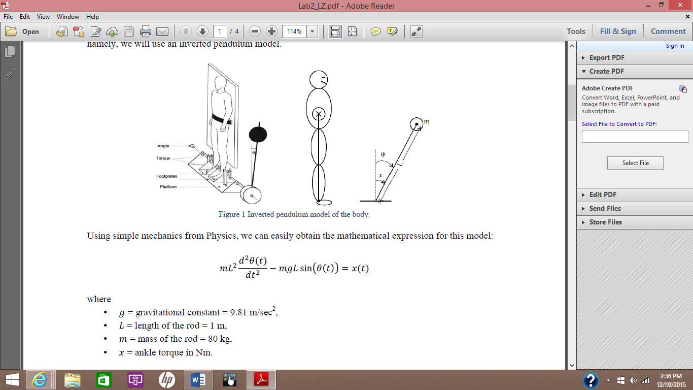 Solved Figure 1 Inverted pendulum model of the body. Using | Chegg.com