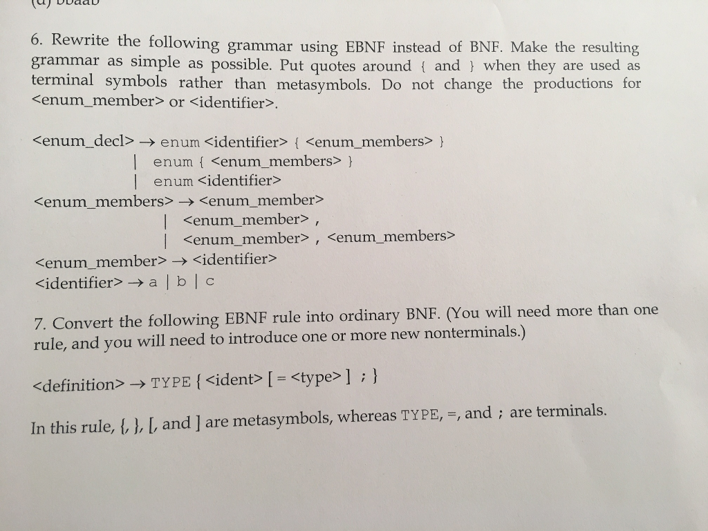 Solved 6. Rewrite the following grammar using EBNF instead | Chegg.com