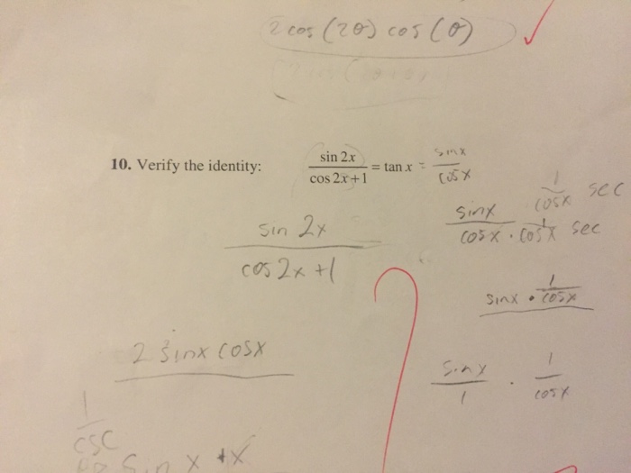 Solved Verify the identity: sin 2x/cos 2x + 1 = tan x | Chegg.com
