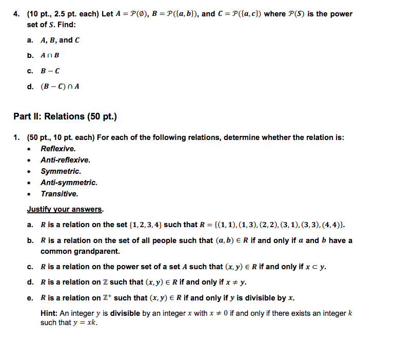Solved (10 pt., 2.5 pt. each) Let A-.P(O), B-.P({a, b), and | Chegg.com