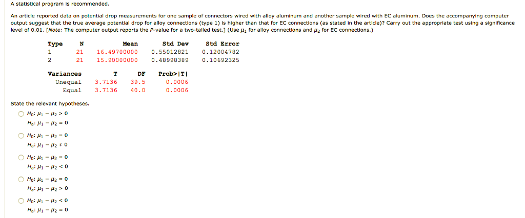 Solved A statistical program is recommended. An article | Chegg.com