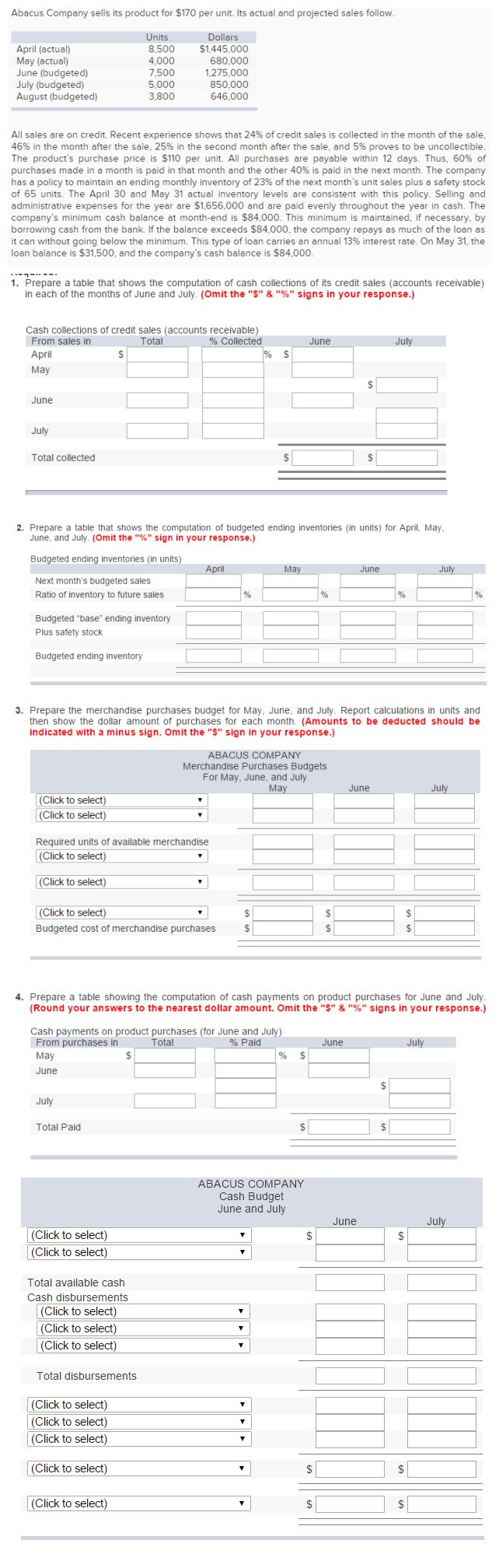 Solved Abacus Company sells Its product for $170 per unit. | Chegg.com