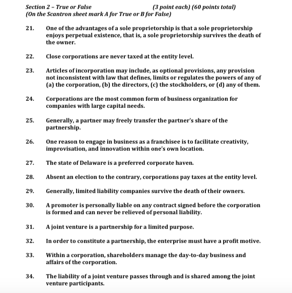 Solved (3 point each) (60 points total) Section 2-True or | Chegg.com