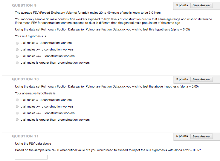 Solved QUESTION 9 5 points Save Answer The average FEV | Chegg.com