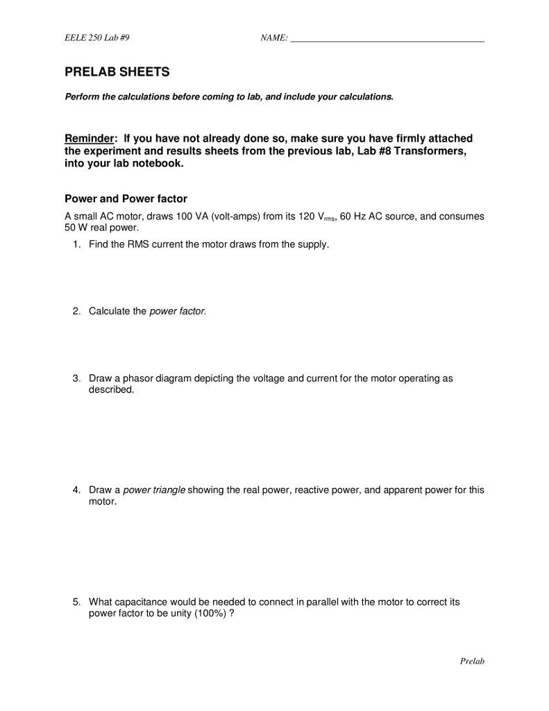 Solved EELE 250 Lab #9 NAME: PRELAB SHEETS Perform the | Chegg.com