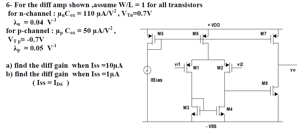 Solved For the diff amp shown, assume W/L = 1 for all | Chegg.com