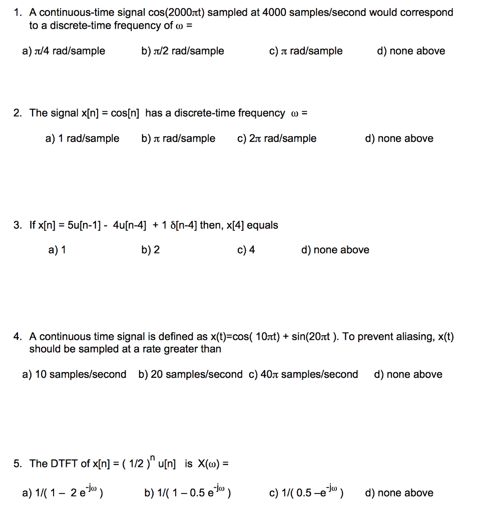 Solved A continuous-time signal cos(2000 pi t) sampled at | Chegg.com