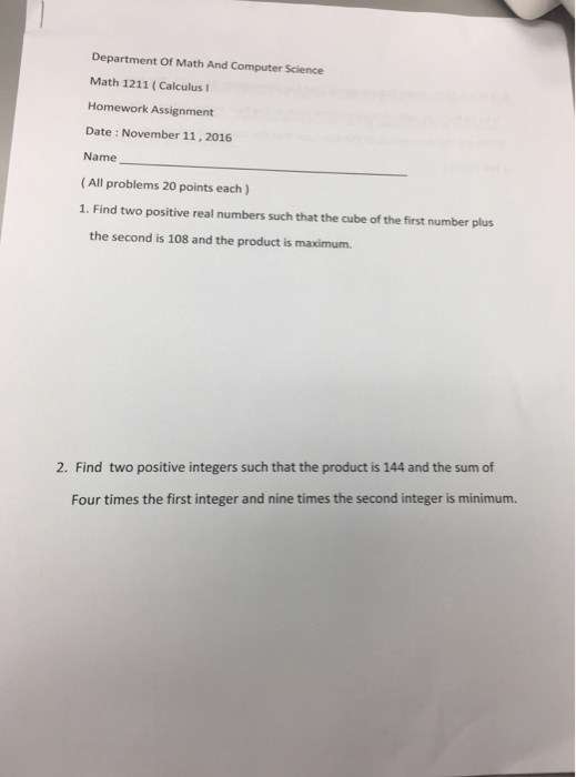 Solved Department Of Math And Computer Science Math 1211 | Chegg.com