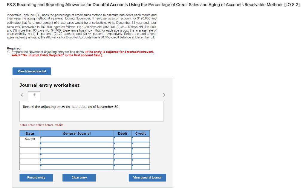 Solved E8-8 Recording and Reporting Allowance for Doubtful | Chegg.com