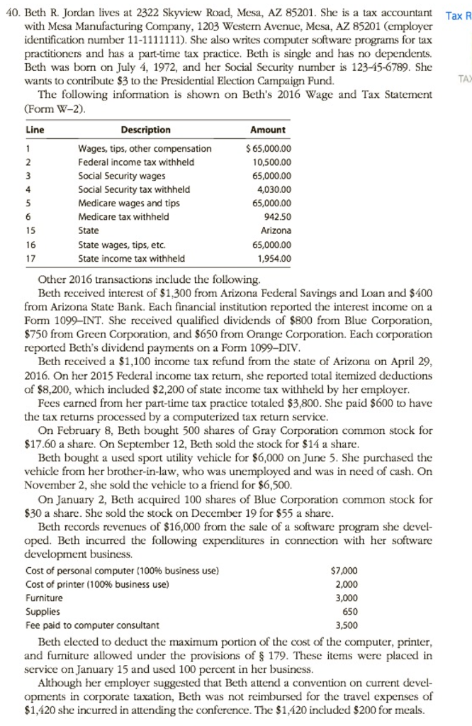 Solved 40. Beth R. Jordan lives at 2322 Skyview Road, Mesa, | Chegg.com