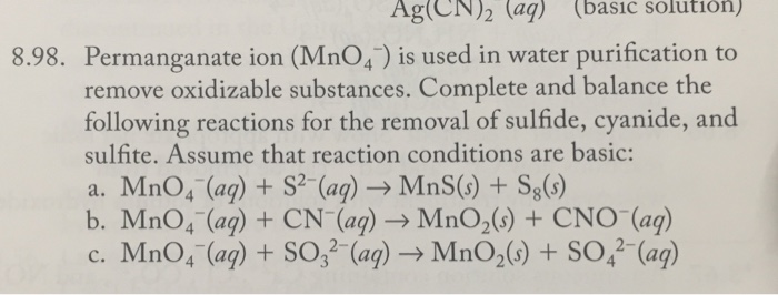 Solved Permanganate ion (MnO_4^-) is used in water | Chegg.com