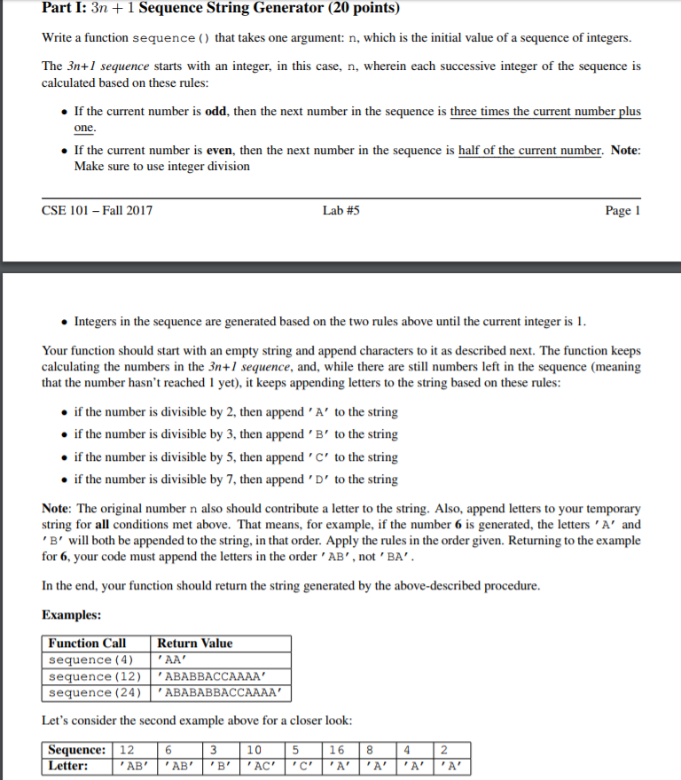 Solved Part I 3n 1 Sequence String Generator 20 Points 7347